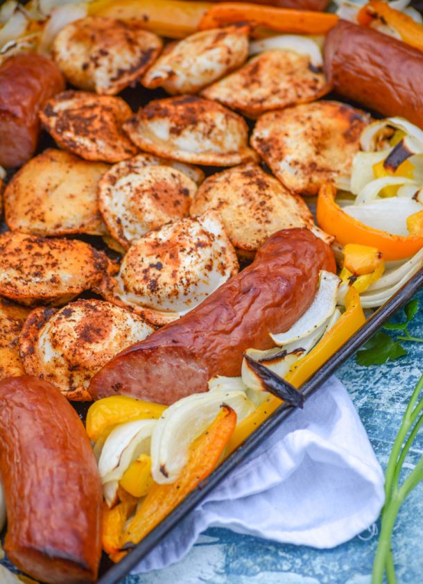 Smoked Sausage Sheet Pan Dinner with Pierogies - 4 Sons 'R' Us