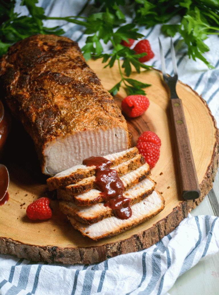 Baked Pork Loin With Raspberry Dijon Barbecue Sauce - 4 Sons 'R' Us